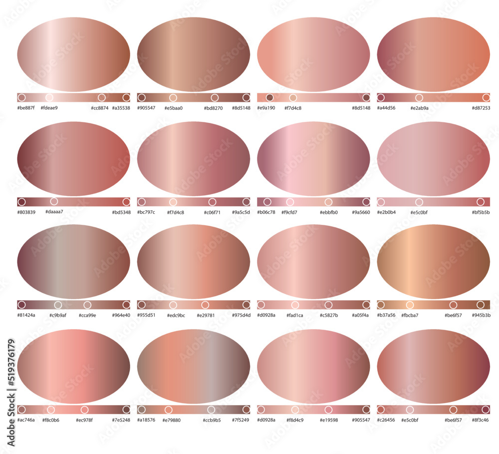 Rose gold gardient set with color codes for vector illustration. Pink ...