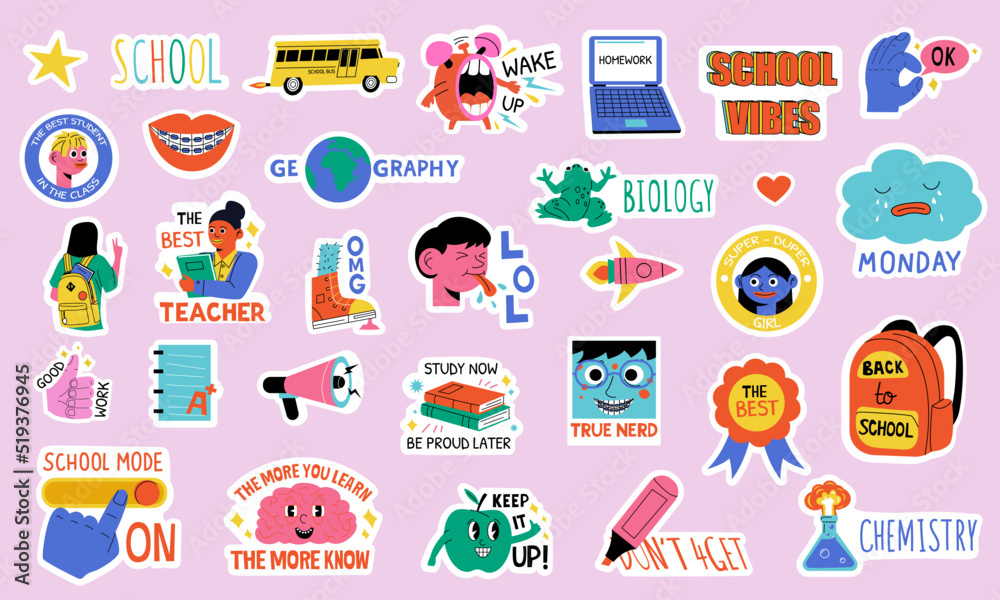 Vetor de Collection of trendy school stickers for pupils and students ...