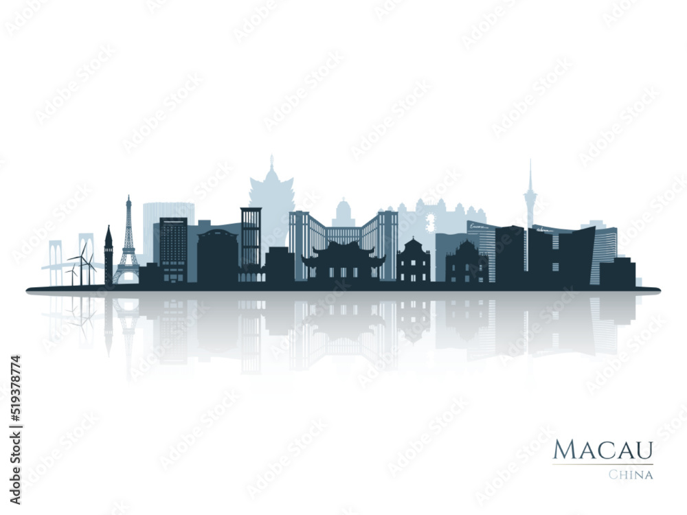 Macau skyline silhouette with reflection. Landscape Macau, China ...