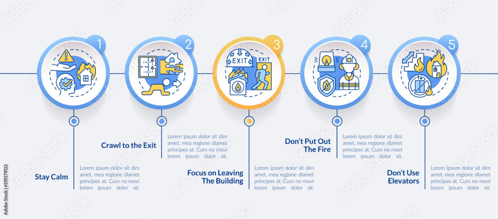 Surviving fire in apartment circle infographic template. Leaving ...