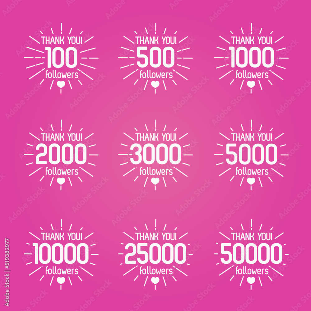 Thank you for followers isolated white label set with sunburst on pink ...