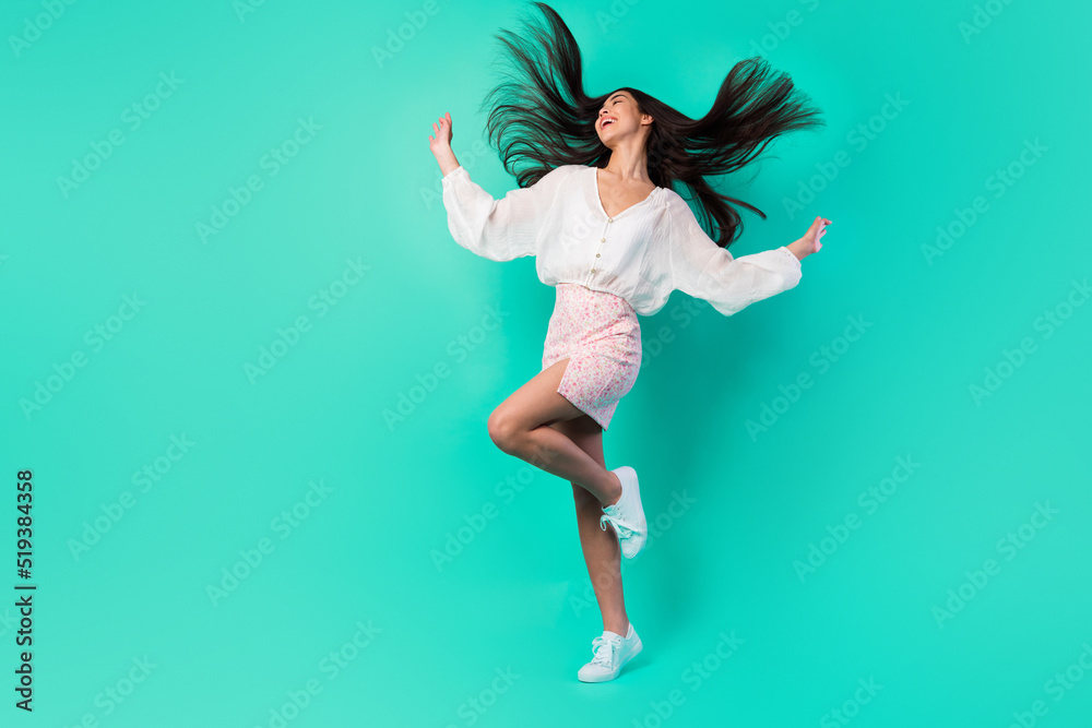 Full size photo of cheerful overjoyed filipino lady throw black hairdo ...