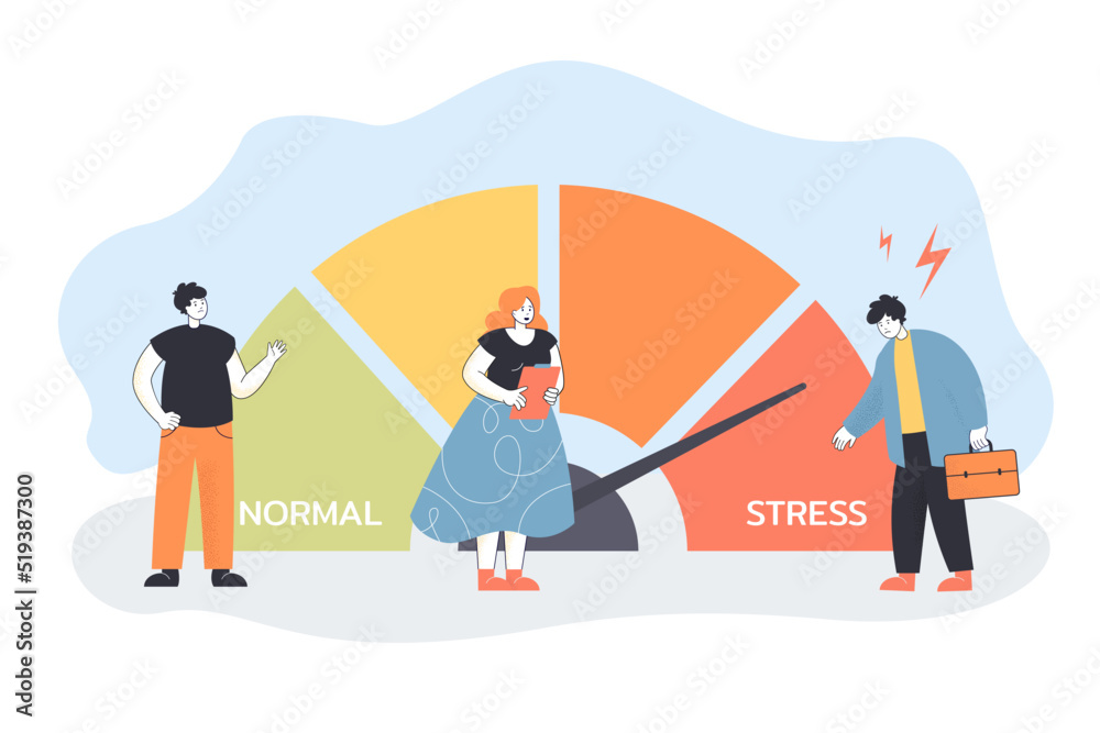 Tiny people measuring stress level of businessman. Scale with arrow to ...