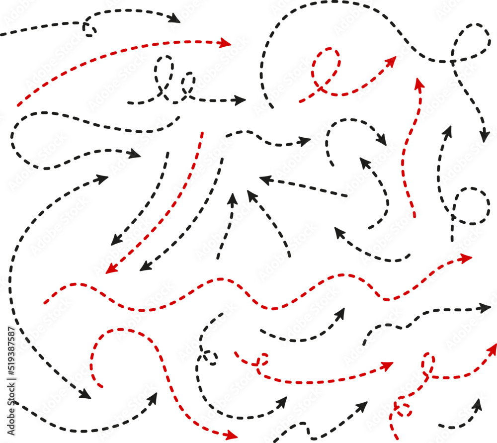 Big Set Arrows and directions signs. thin dash line with arrow. Dotted lines with arrows, Stock ...