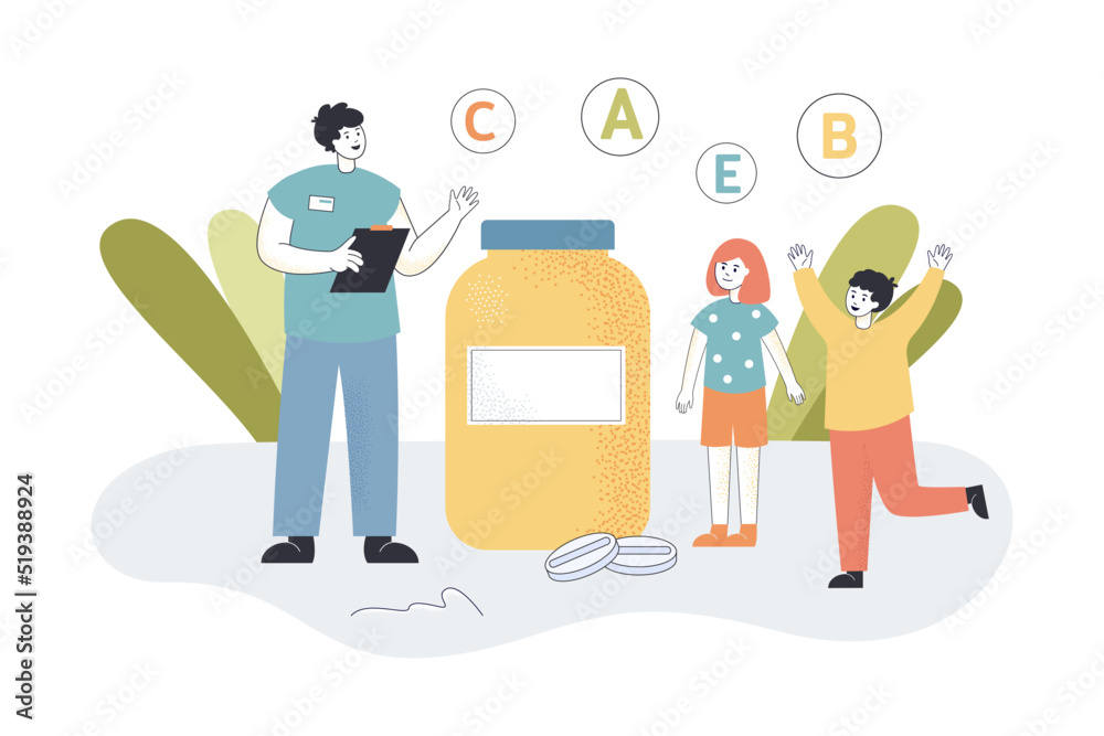 Doctor advising multivitamin supplement to kids. Tiny man, boy and girl ...