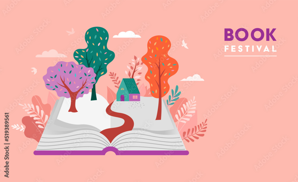 Book festival concept of a small house in the middle of forest, placed ...
