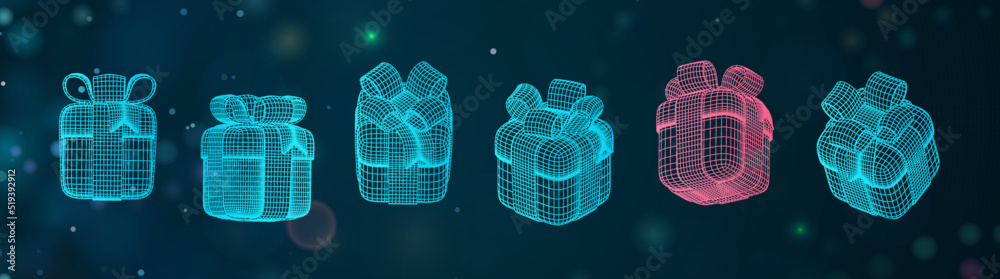 Wireframe 3d gift boxes set on abstract futuristic blue background with ...
