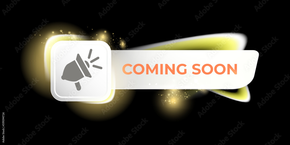 Coming soon horizontal banner with megaphone and button on black modern ...