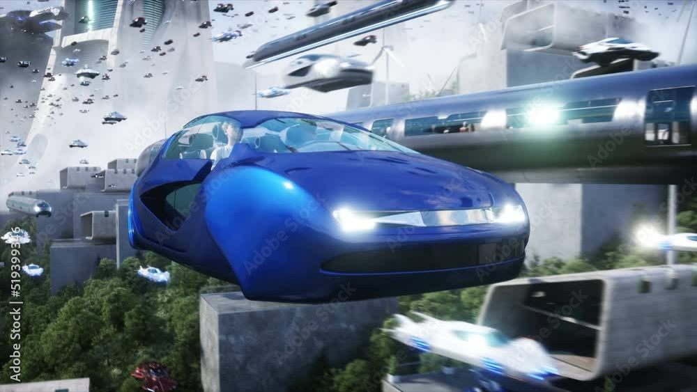 People in flying car. Futuristic city. flying car traffic. Future ...