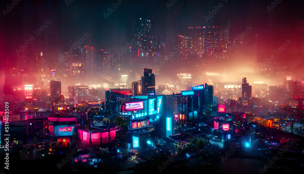 Night city, neon lights of the metropolis. Reflection of neon lights in ...