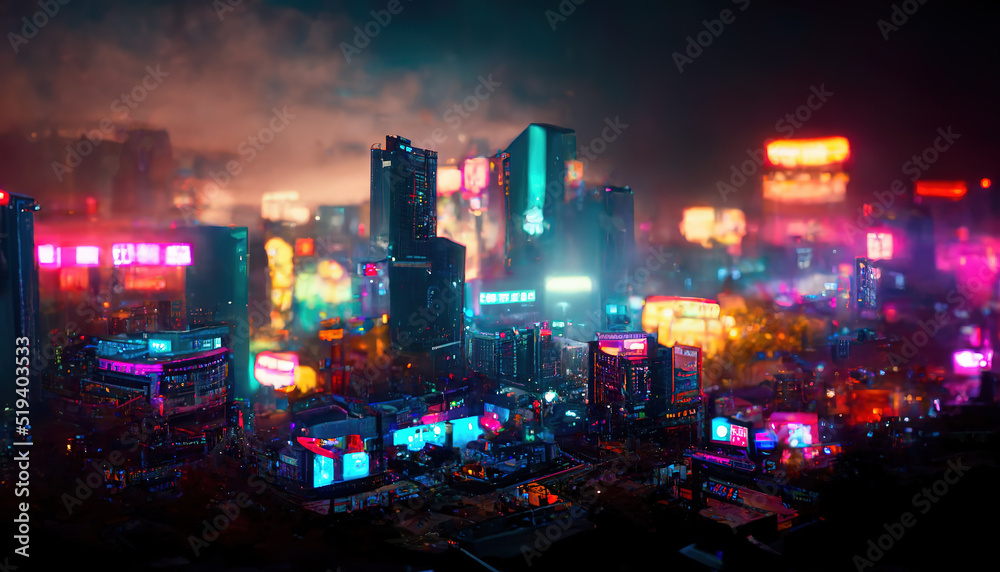 Night city, neon lights of the metropolis. Reflection of neon lights in ...