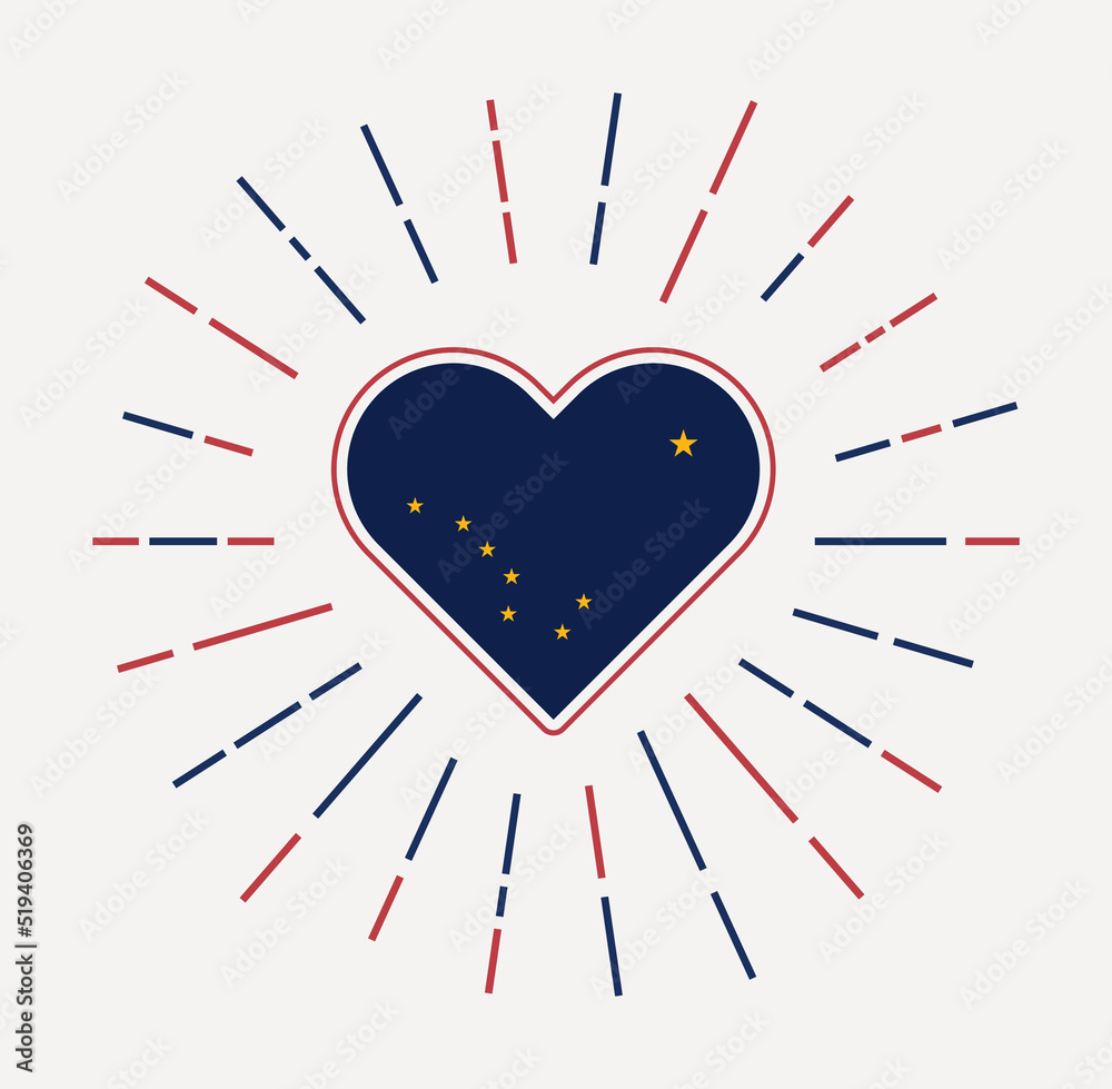 Alaska heart with flag of the us state. Sunburst around Alaska heart ...