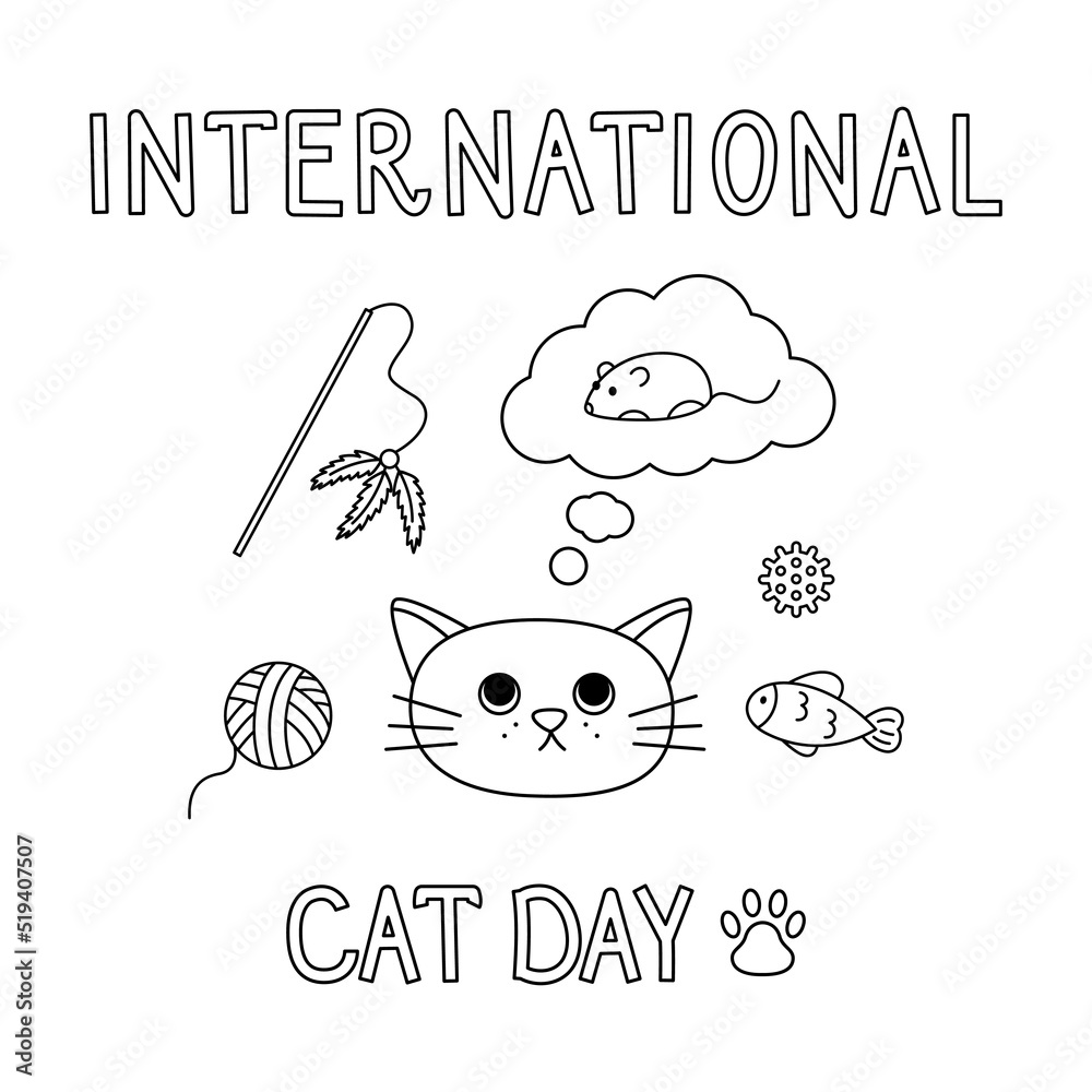 International Cat day vector lined postcard. Isolated linear cartoon ...