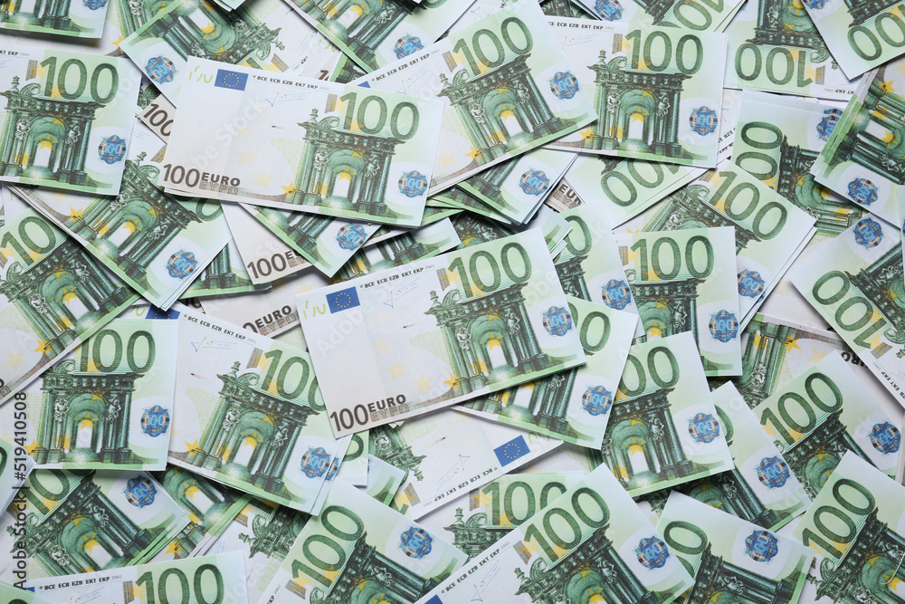 100 Euro banknotes as background, top view. Money exchange Stock Photo ...
