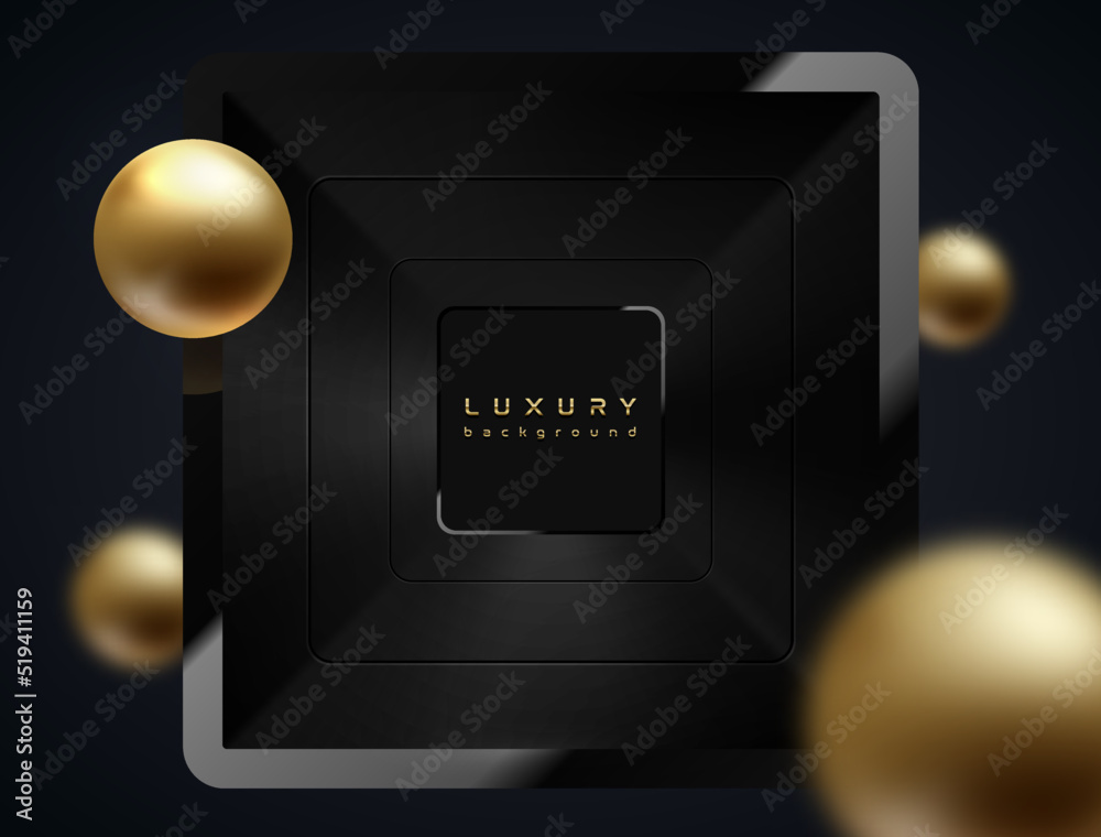 Square glossy luxury black line frame gold sphere. Realistic border ...
