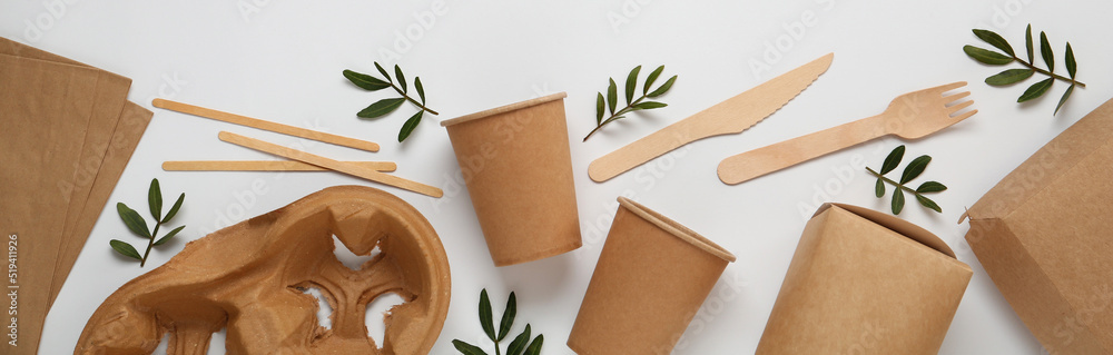 Eco friendly products on light background, flat lay. Banner design ...