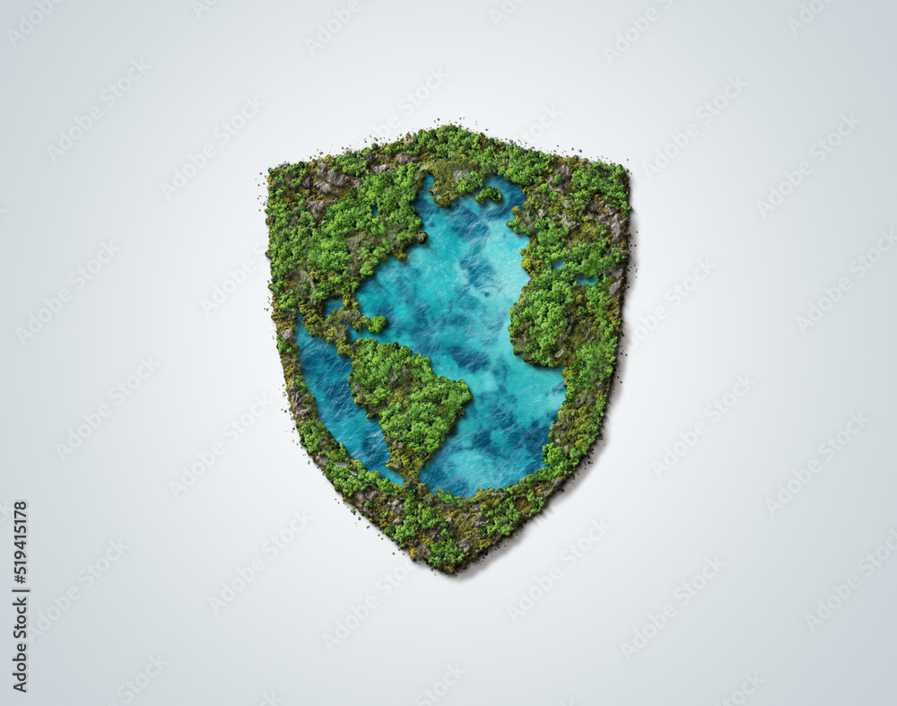 3D Green shield- save the earth concept. World Environment day concept ...