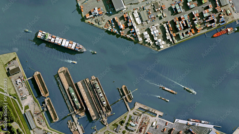 Trade, ships and containers port of Rotterdam, looking down aerial view ...