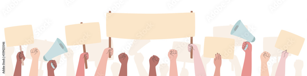 People protest. Hands holding empty protest posters. Social political ...