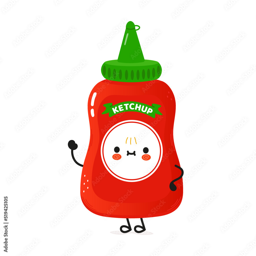 Cute funny ketchup waving hand character. Vector hand drawn cartoon ...
