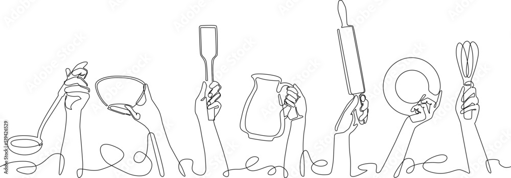 Hands Holding different Kitchen Utensils. Cooking Background ...