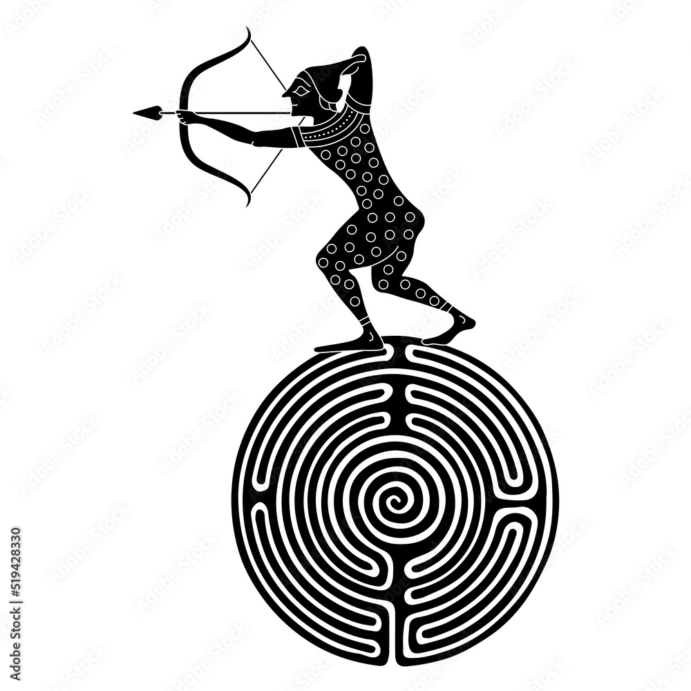 Scythian archer with bow and arrow on top of a round spiral maze or ...