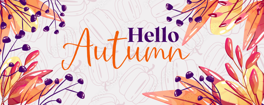 Hello autumn banner with fall leaf. Template design. Botanical autumn ...