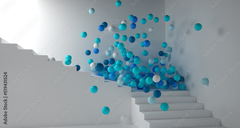 Blue 3d spheres falling from the stairs. Abstract background. 3d ...