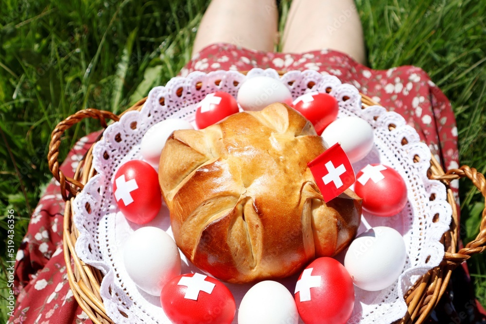 Traditional Swiss bread with a pattern in the shape of the Swiss flag ...