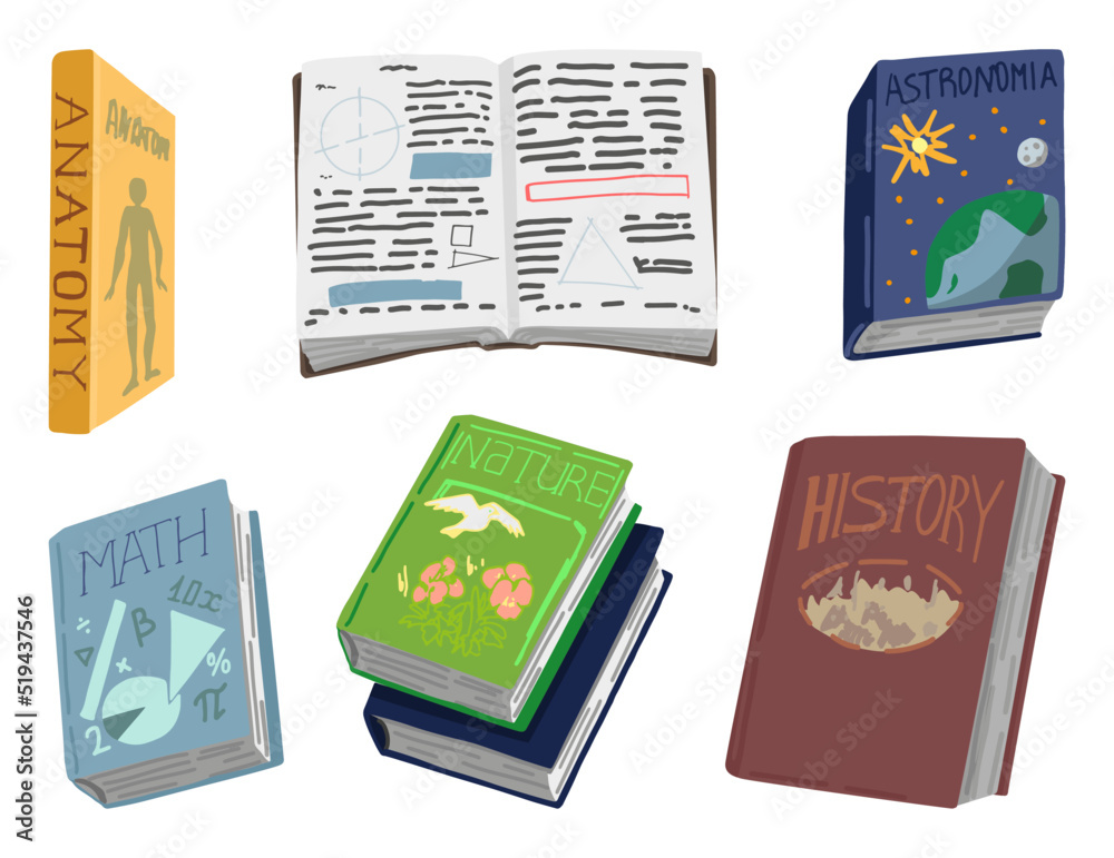 School books doodles set. Collection of literature, textbooks for ...