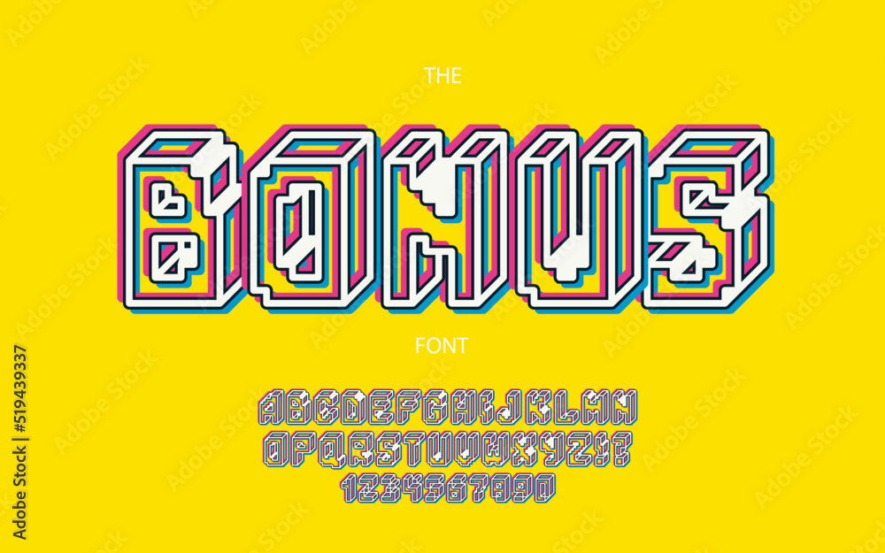 Vector bonus font 3d bold style. Trendy alphabet for party poster, kids book, t shirt, flyer ...