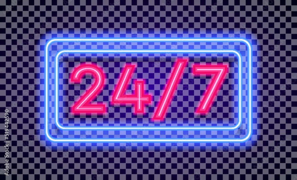 Vector work time 24 7 sign neon light style with colorful frame on ...