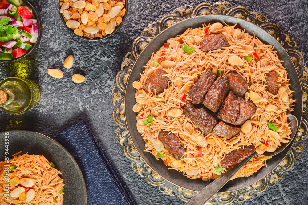 Arabic cuisine; Egyptian traditional dish "fried vermicelli topped with ...