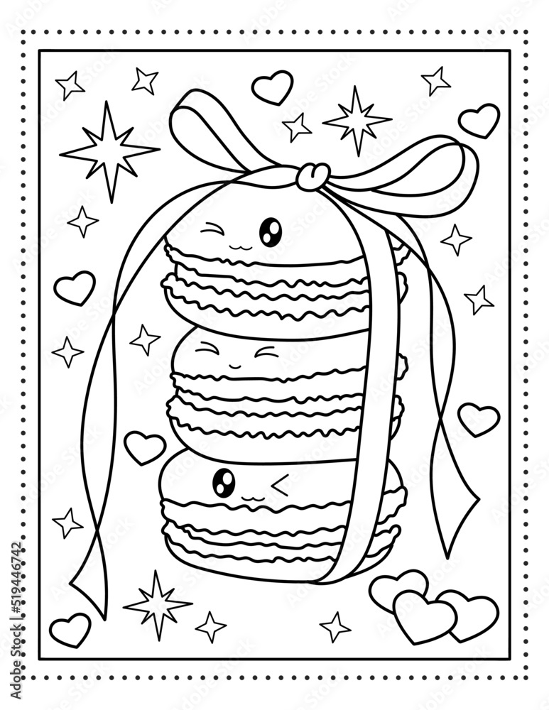 Macarons with a ribbon and a bow. Kawaii coloring book. Sweets ...