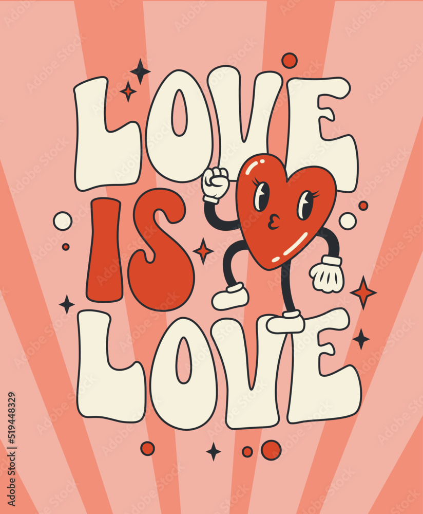 Trendy cartoon lettering design with pink love groovy text on colorful ...