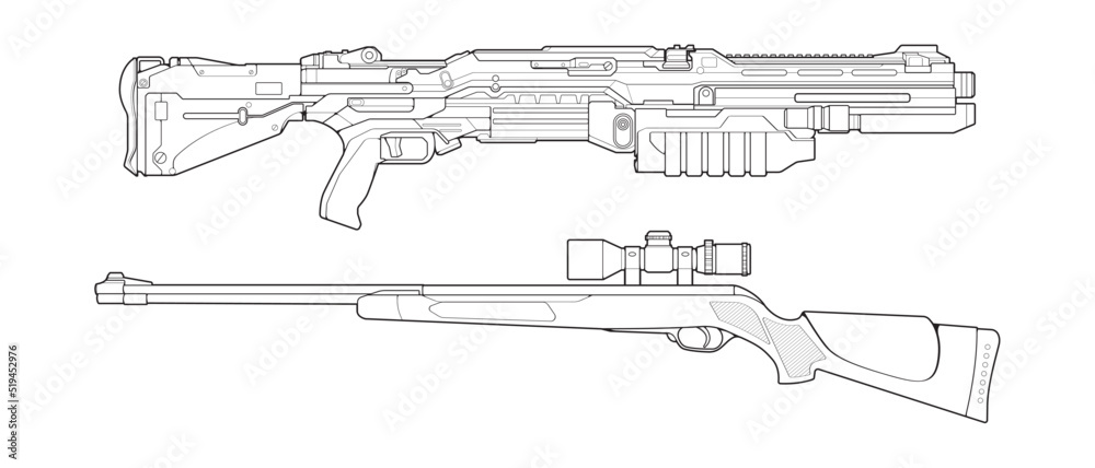 Set of firearms line art style, Shooting gun, Weapon illustration ...