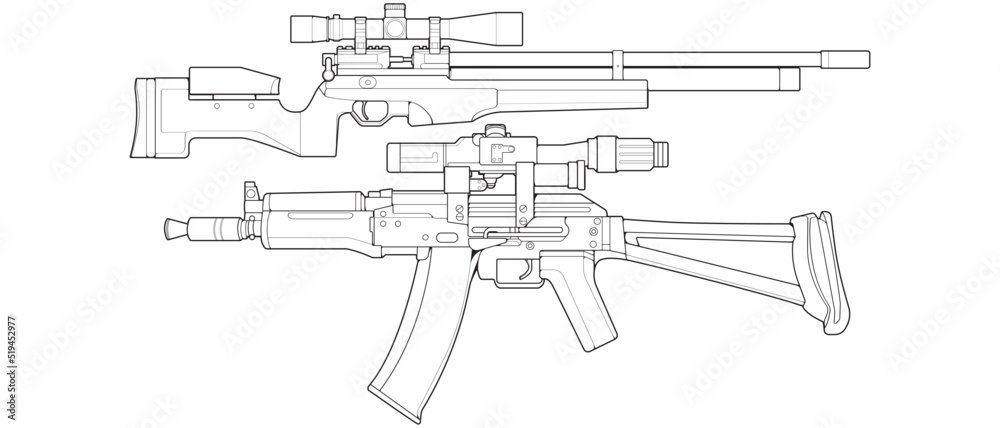Set of firearms line art style, Shooting gun, Weapon illustration ...