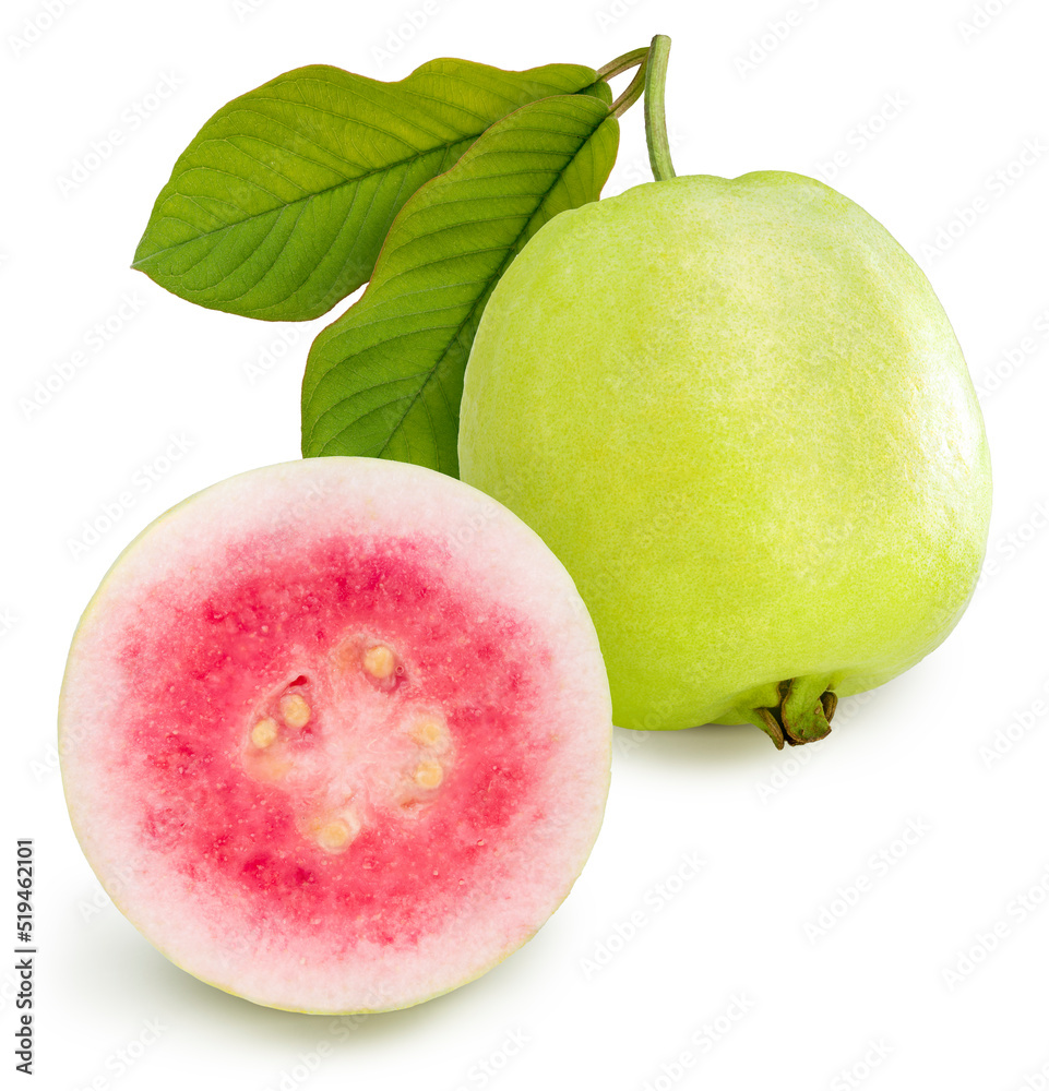 Pink guava fruit with leaf isolated on white background, Fresh Pink ...