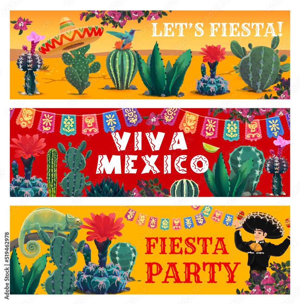 Mexican holiday fiesta banners, cartoon cactus, papel picado flags and ...