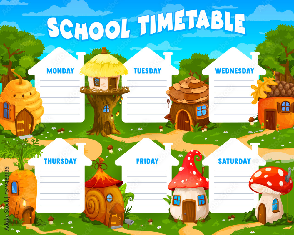 Weekly timetable schedule with cartoon fairy and elf village houses ...