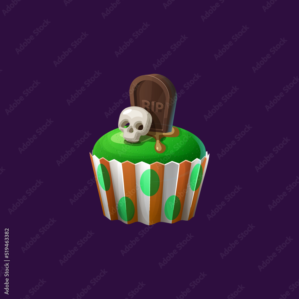 Creepy cupcake decorated by tombstone and human skull isolated cartoon ...