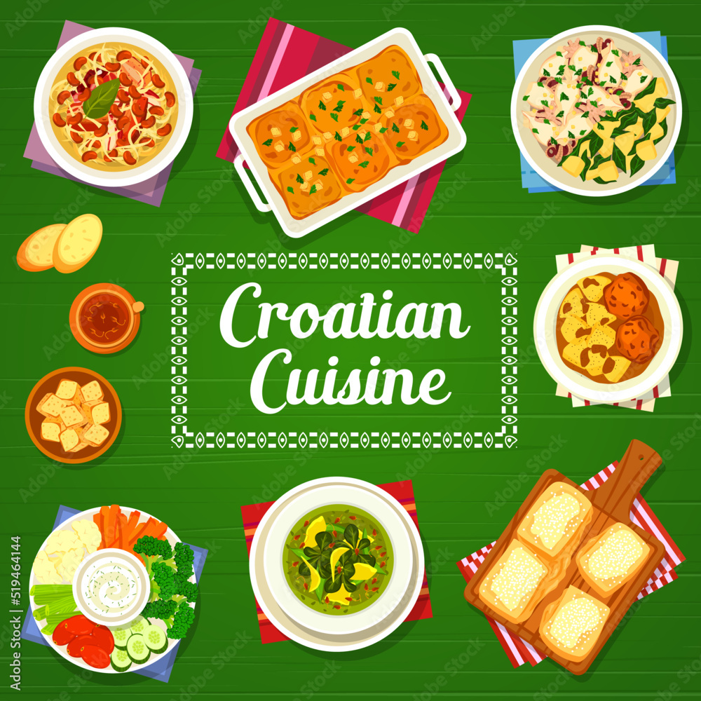 Croatian cuisine menu cover, food dishes and meals, vector restaurant ...