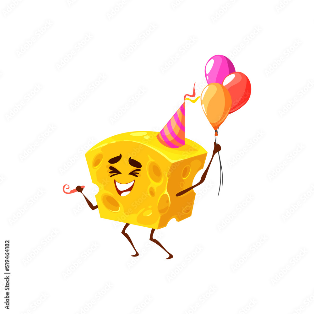 Cartoon cheese celebrating birthday holiday with party balloons, vector ...