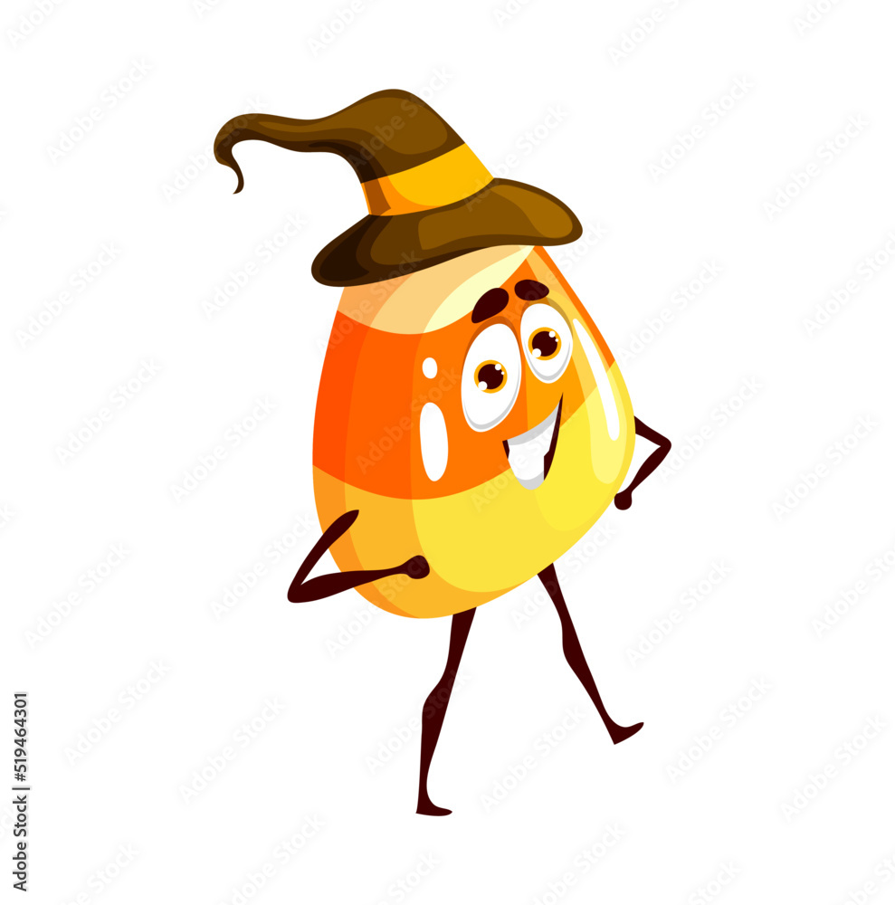 Cartoon Halloween candy corn in witch hat. Vector funny toffee ...