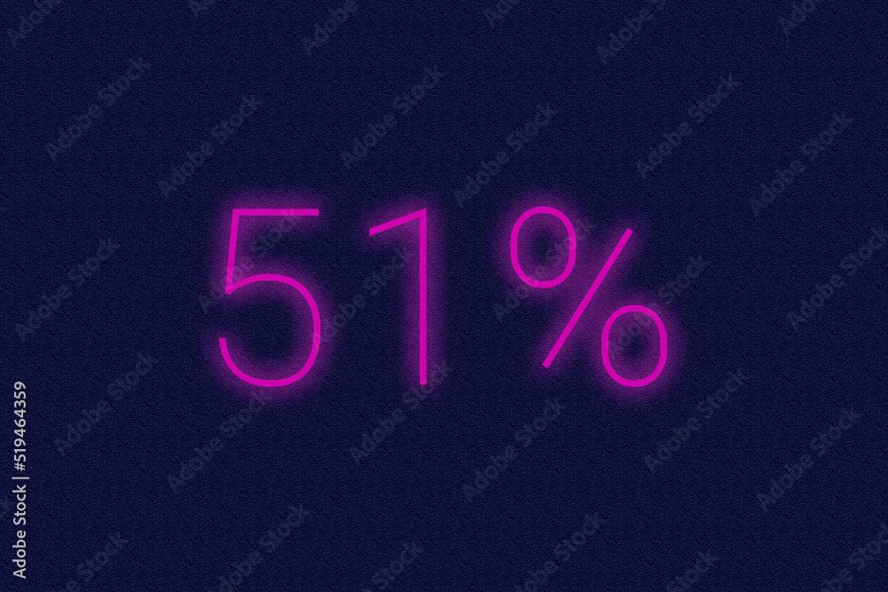 51% percent logo. fifty-one percent neon sign. Number fifty-one on dark ...