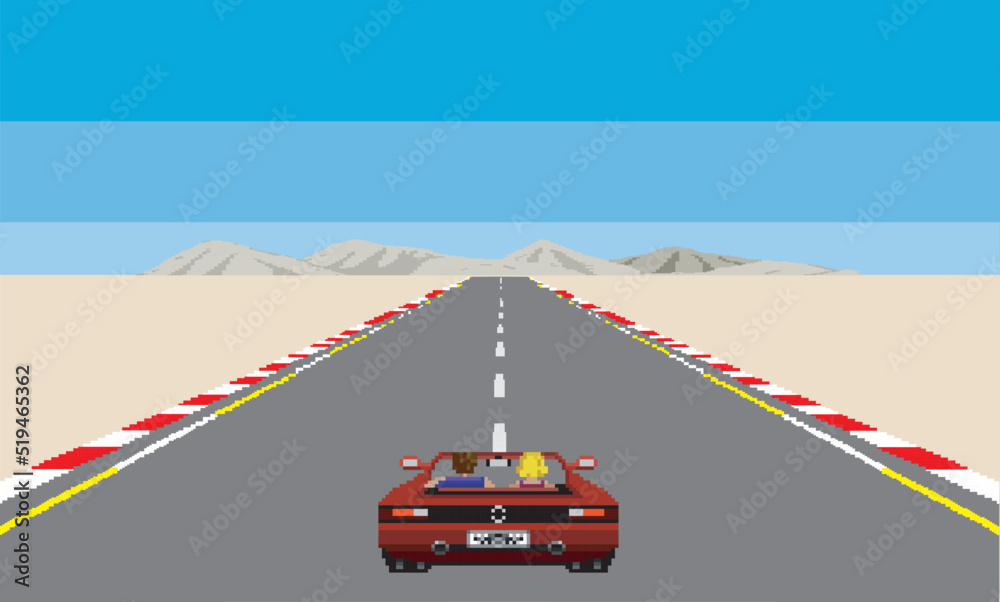 Arcade pixelated race red car vector illustration. desert race track ...