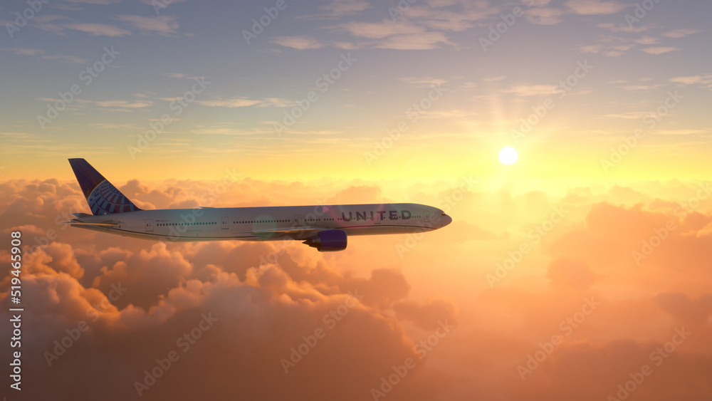 Boeing 777 United Airlines flying over amazing sunset 3D Illustration ...