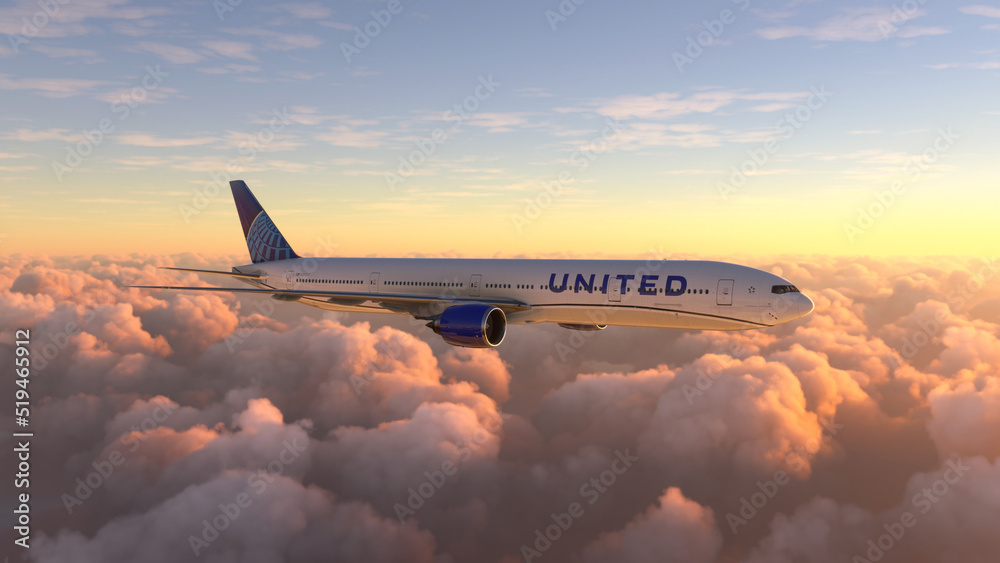 Boeing 777 United Airlines flying over amazing sunset 3D Illustration ...
