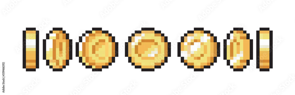 8 bit pixel graphic icon set. Isolated vector illustration. gold coins ...
