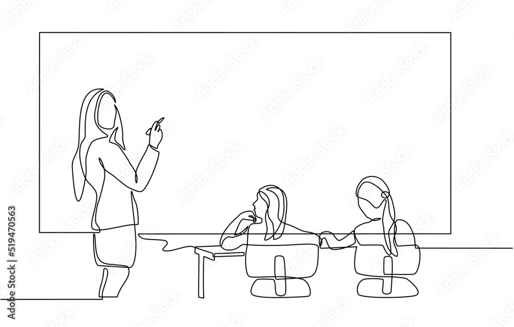 Continuous one line drawing of a teacher welcoming children back to ...